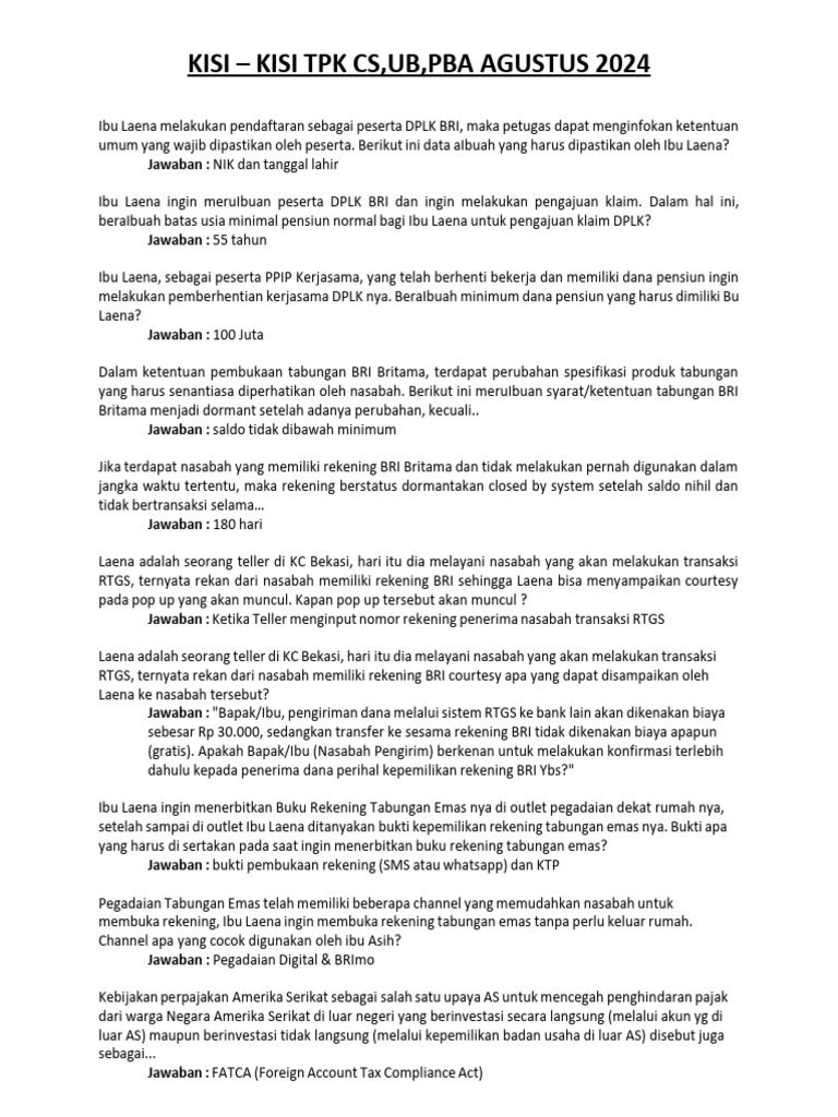 KISI – KISI TPK CS,UB,PBA AGUSTUS 2024 | PDF