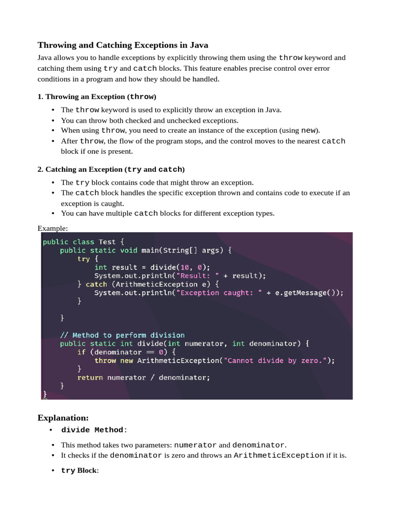 Throwing and Catching Exceptions in Java: Throw | PDF