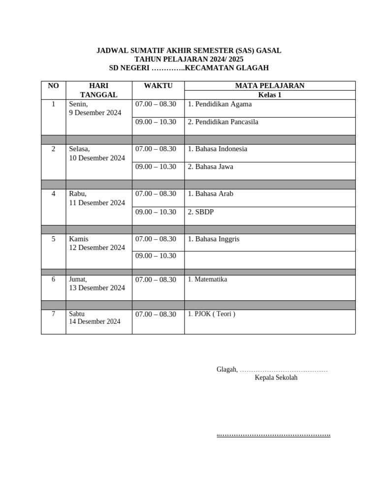 Jadwal SAS Gasal 2024/2025 SD Glagah | PDF