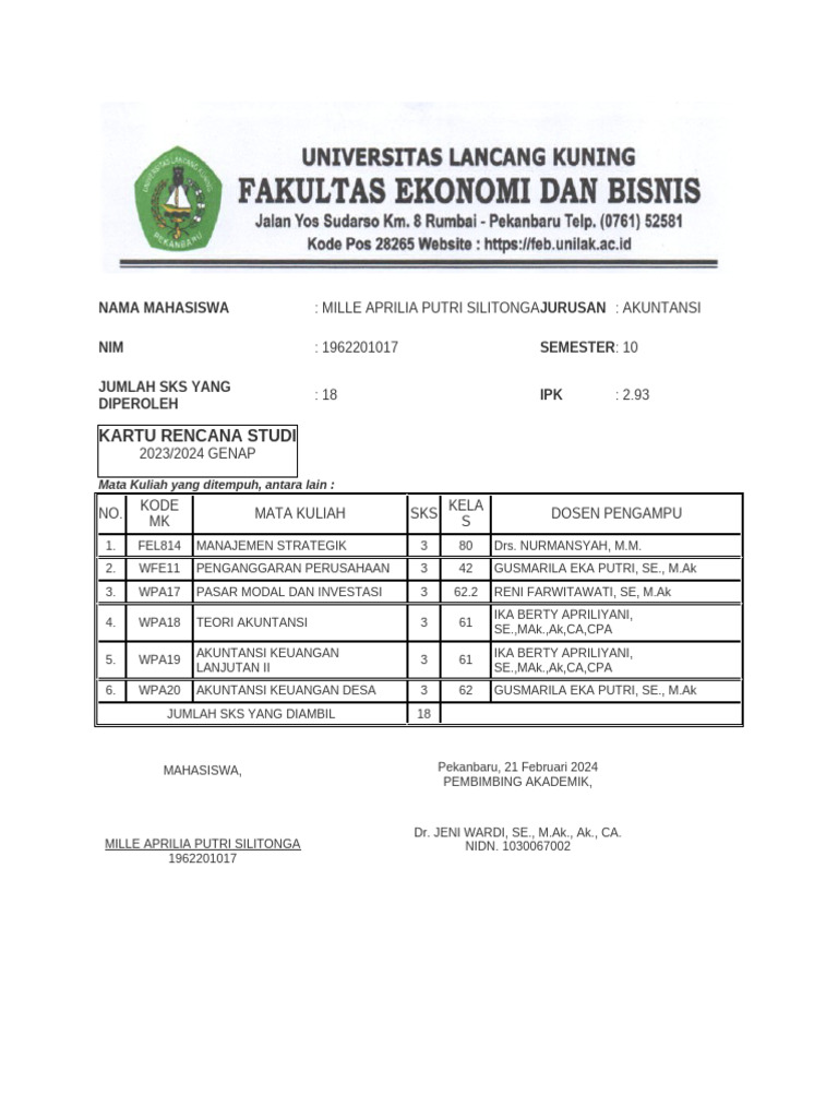 Kartu Rencana Studi: Nama Mahasiswa Jurusan NIM Semester Jumlah Sks Yang Diperoleh IPK | PDF