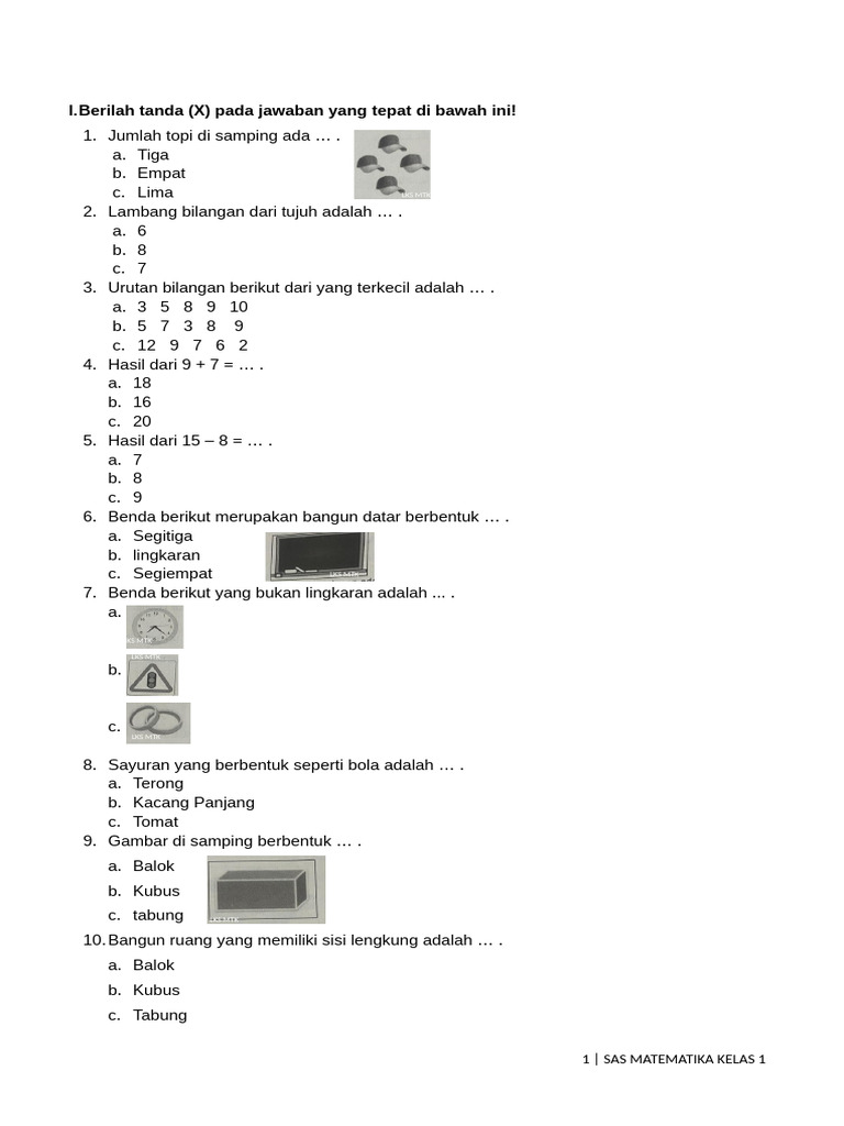 Soal SAS MTK Kelas 1 SMT Ganjil 2024-2025 | PDF