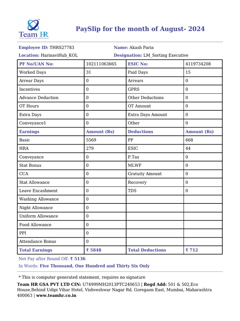 Payslip For The Month of August-2024: Employee Id: Name: Location ...