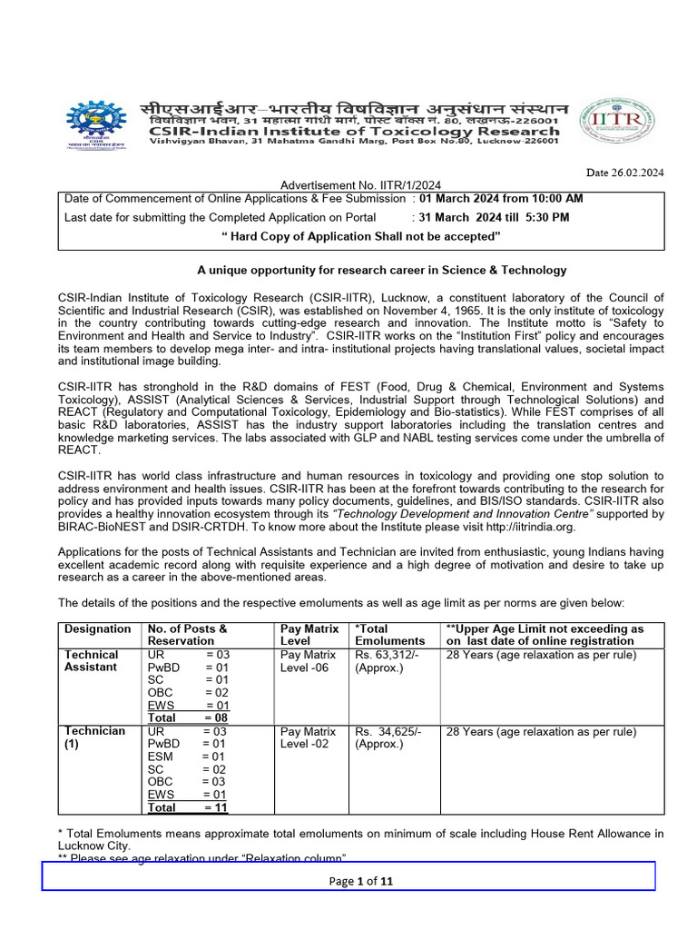 CSIR-IITR Recruitment for Technical Posts | PDF | Risk | Electrician