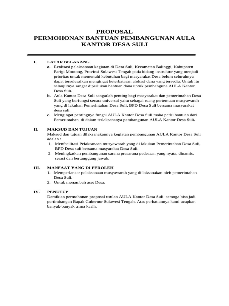Proposal Bantuan Aula Desa Suli | PDF