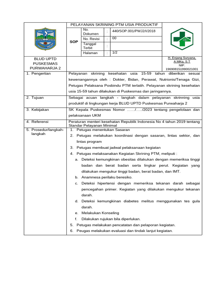 FORMAT SOP PELAYANAN SKRINING PTM USIA PRODUKTIF (1) | PDF