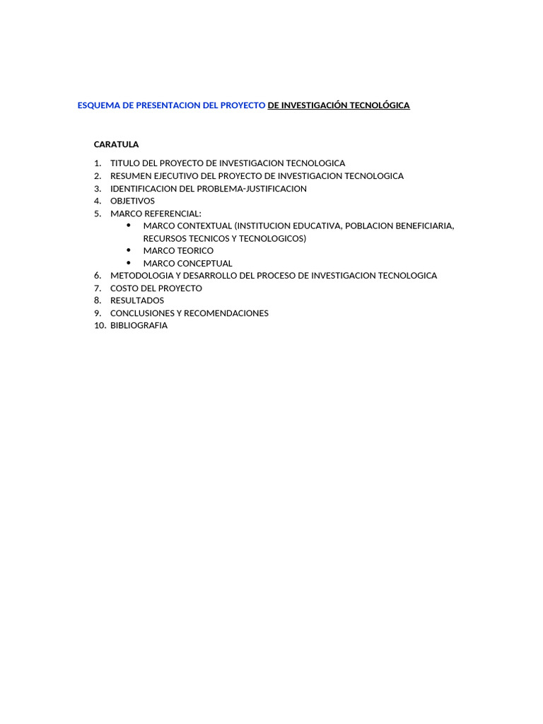 Esquema de Presentacion Del Proyecto de Investigacion Tecnologica | PDF