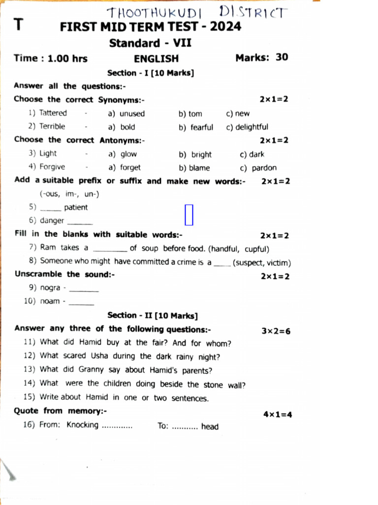 7th Standard English Midterm Paper 2024 | PDF
