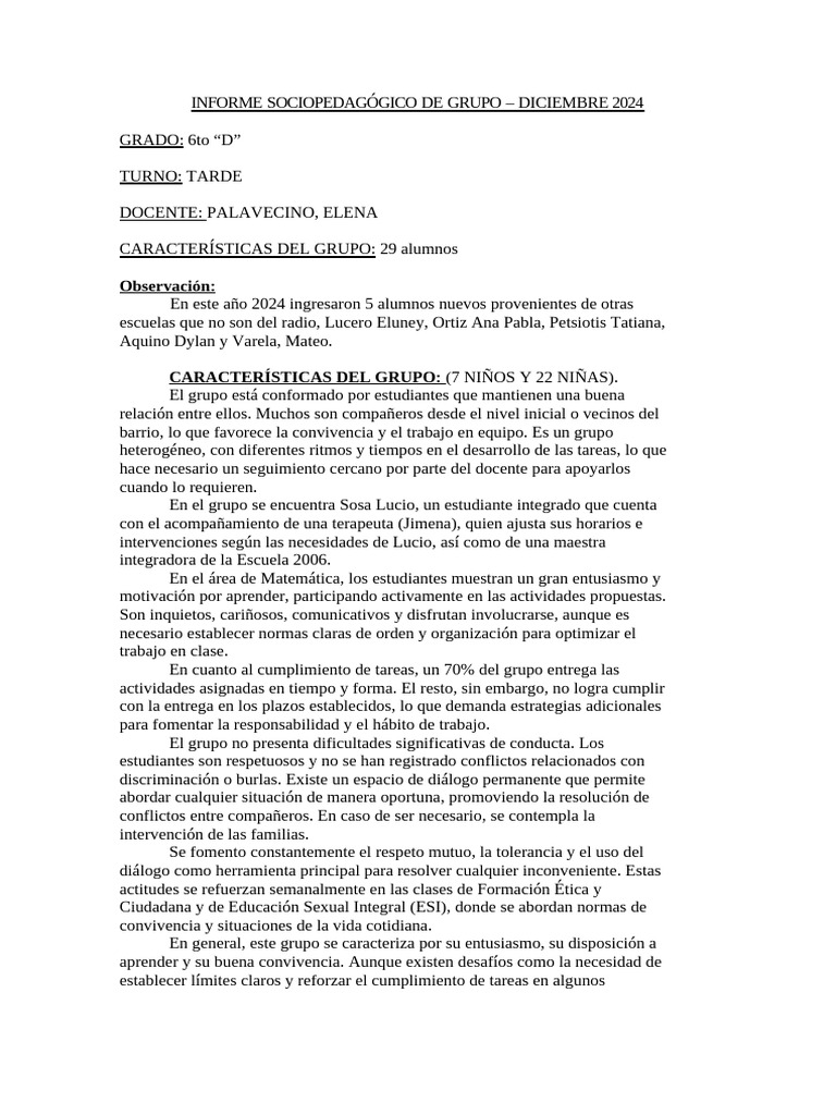 Informe de Grado 6to D 2024 | PDF | Aprendizaje