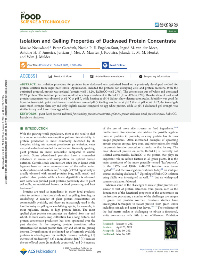 2021 Isolation and Gelling Properties of Duckweed Protein Concentrate ...
