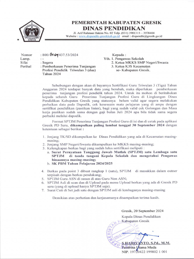 Surat Pemberkasan TPG Trwiulan 3 2024 | PDF