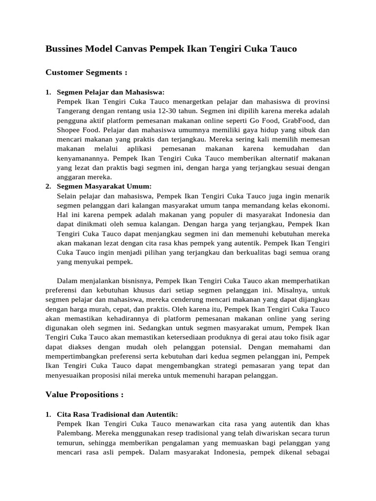 Bussines Model Canvas Pempek Ikan Tengiri Cuka Tauco | PDF