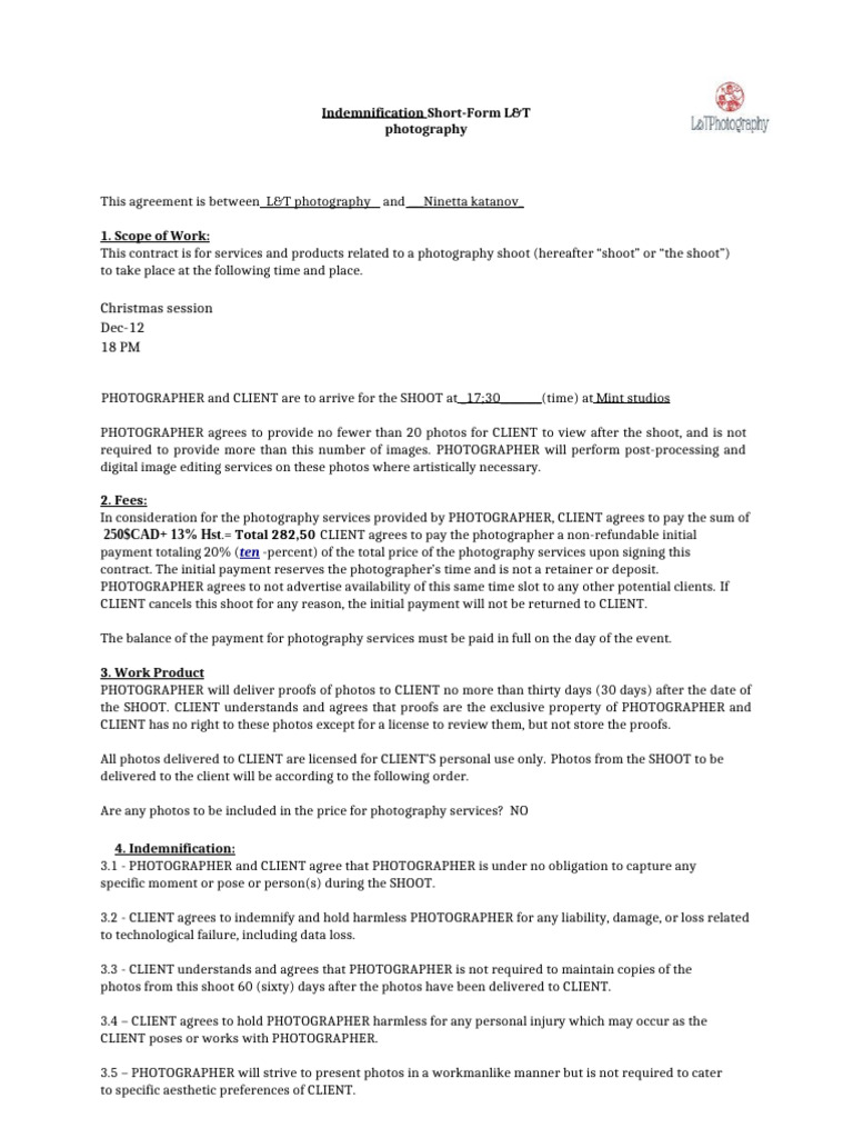 Contract- Mint Studios | PDF | Photographer | Indemnity