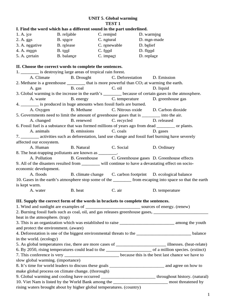 Bản Sao Của 15. UNIT 5. Global Warming - TEST 1 | PDF | Climate Change ...