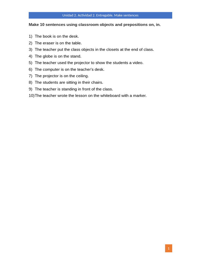 Classroom Objects and Prepositions | PDF