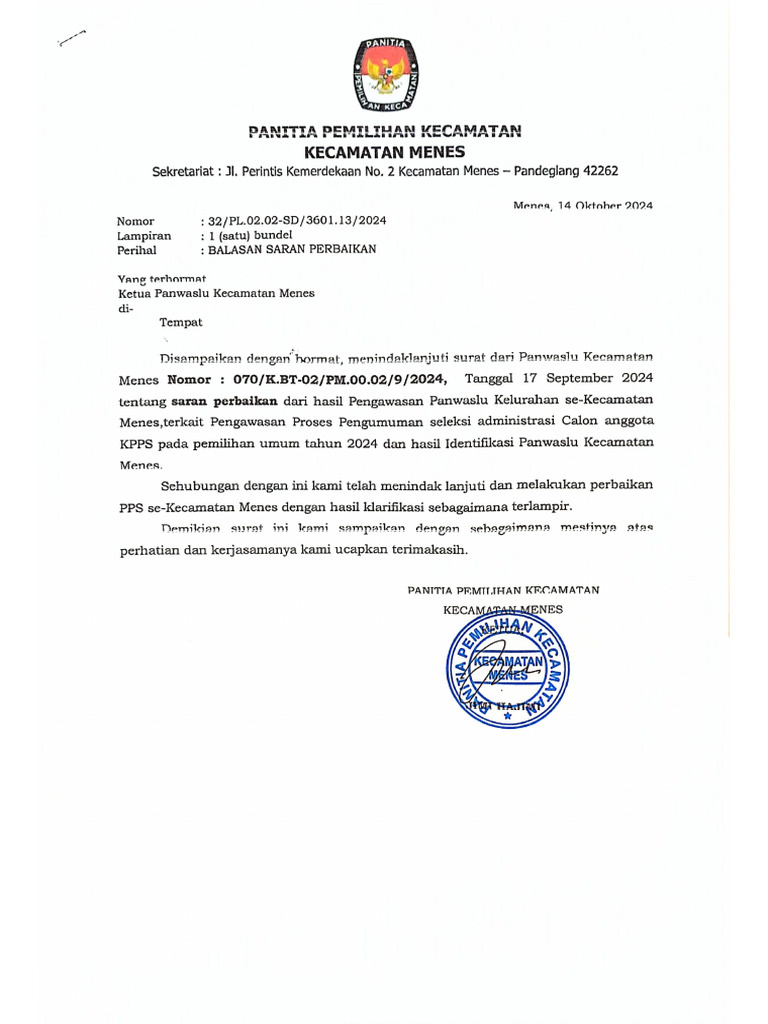 SURAT BALASAN UNTUK PANWAS | PDF