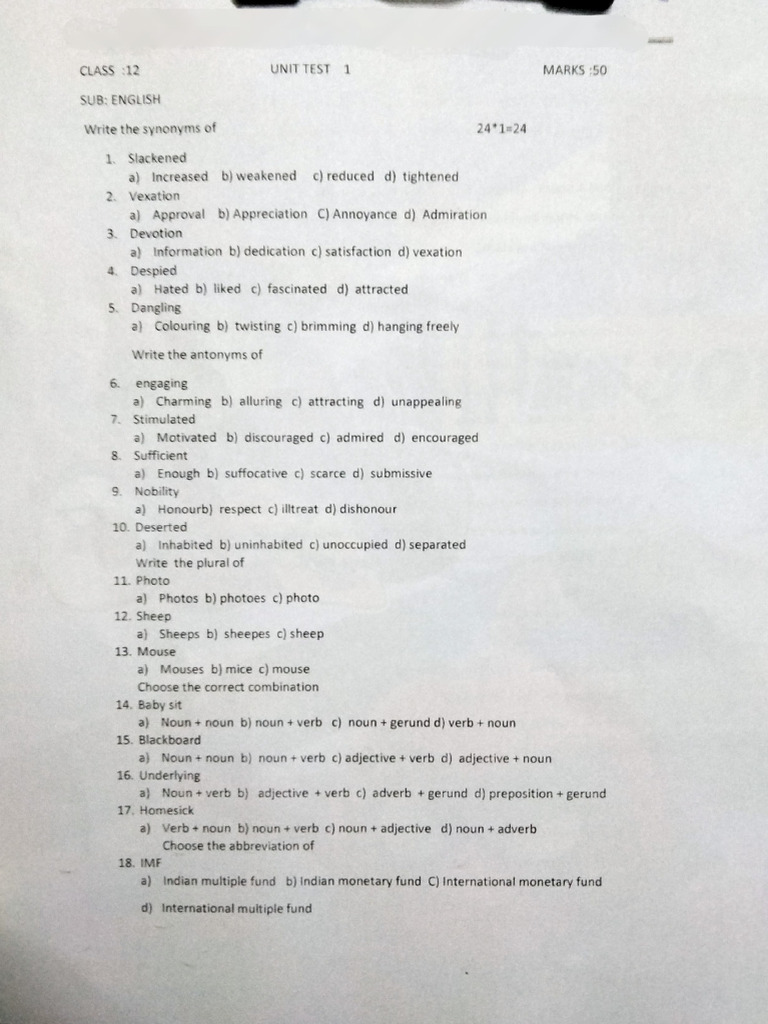 12th-English-Unit-Test-1-Model-Question-Paper- | PDF | Adjective | Noun 12th-English-Unit-Test-1-Model-Question-Paper- | PDF | Adjective | Noun