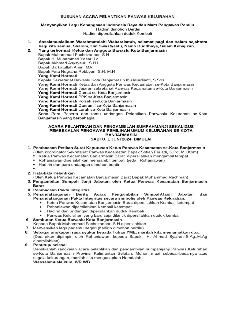 Fix Susunan Acara MC Pelantikan Panwascam | PDF