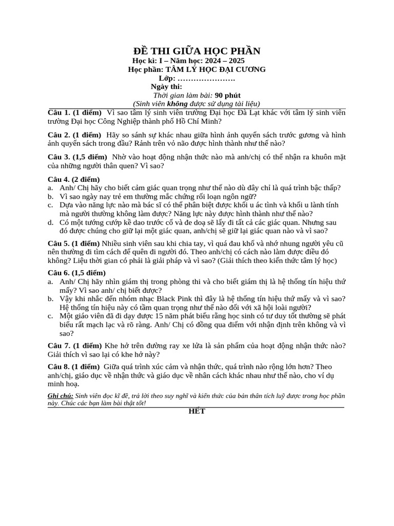 ĐỀ THI GIỮA HỌC PHẦN 15% TLH DC | PDF