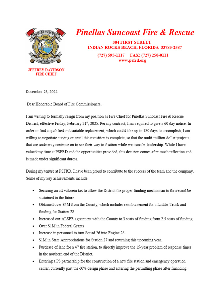 Pinellas Suncoast Fire & Rescue Chief resignation letter | PDF | Defamation