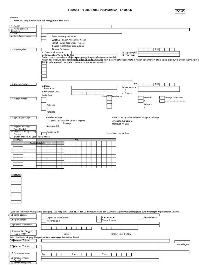 Formulir Pindah Penduduk F-1.03 | PDF