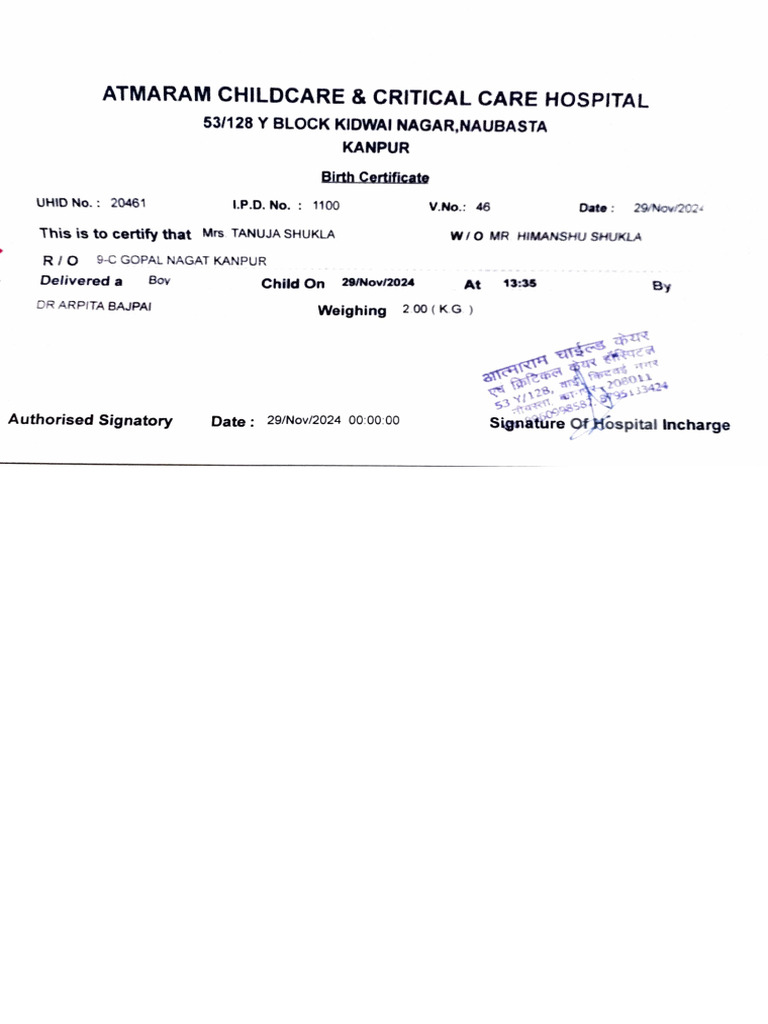 Birth Certificate for Tanuja Shukla's Son | PDF