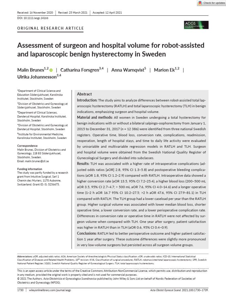 Assessment of Surgeon and Hospital Volume for Robot-Assisted and Laparoscopic Benign ...