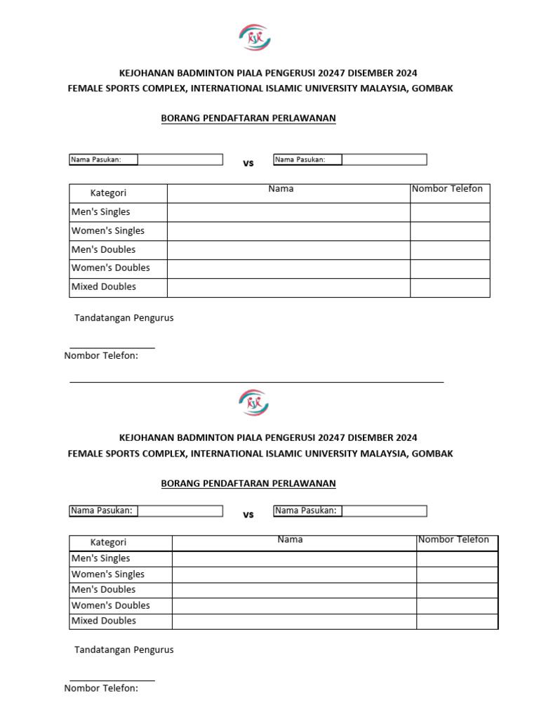 Badminton - Piala Pengerusi 2024 - Borang Pendaftaran Perlawanan | PDF