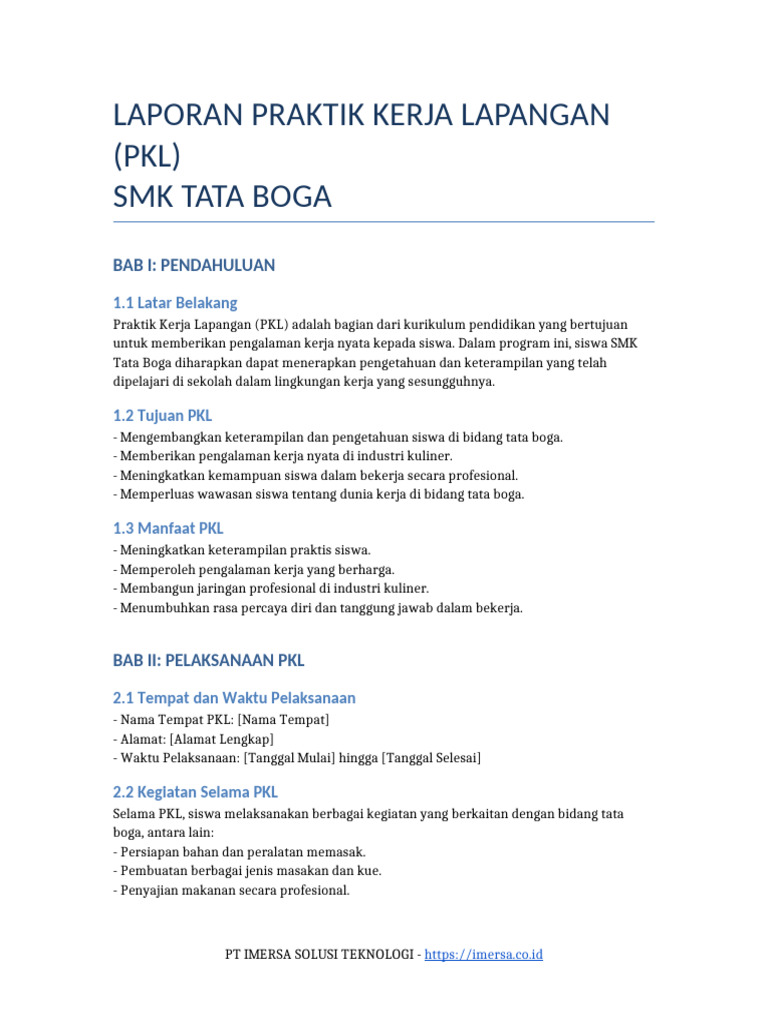 Contoh Laporan PKL SMK Tata Boga | PDF