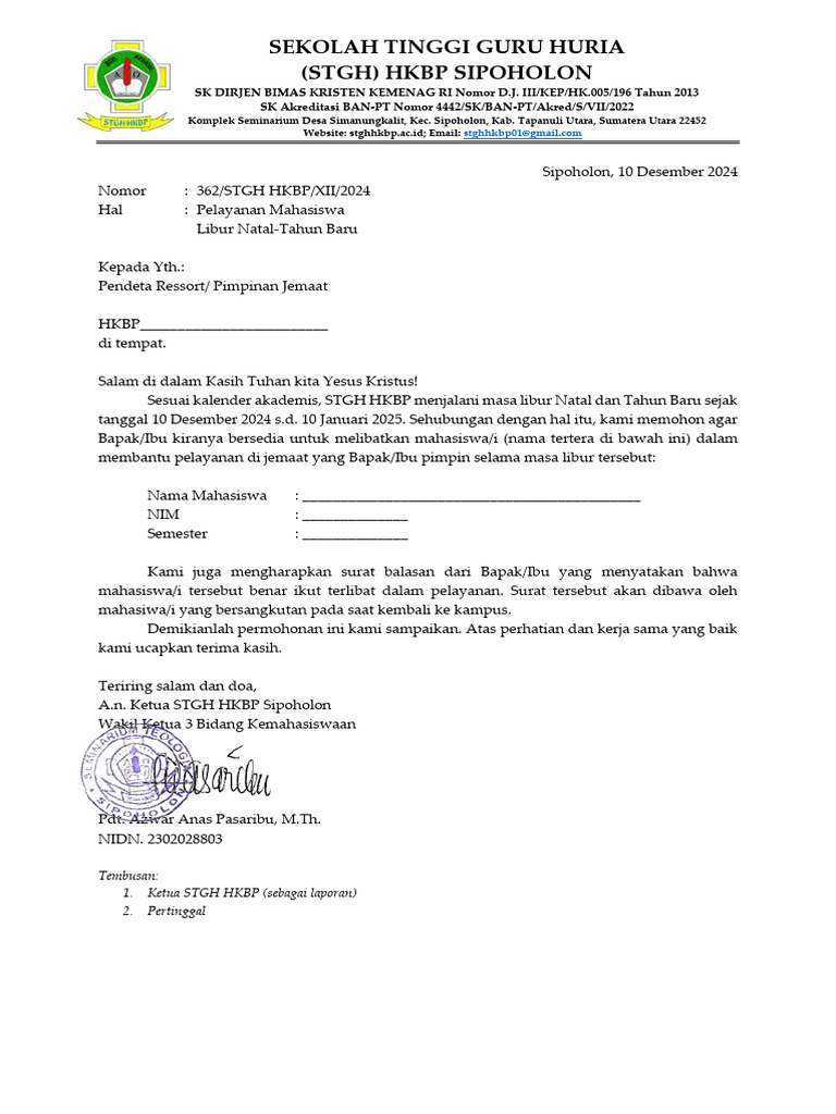 Surat Pengantar Libur | PDF