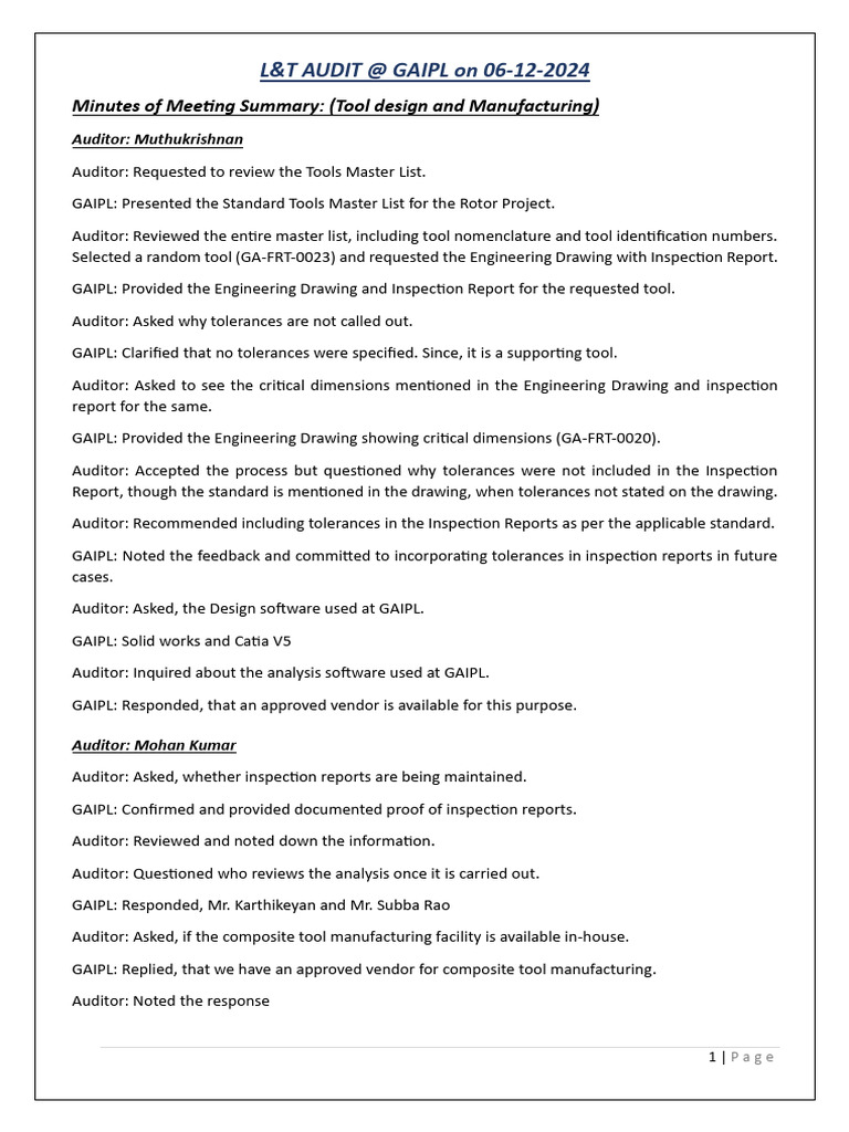 AUDIT - Minutes of Meeting | PDF