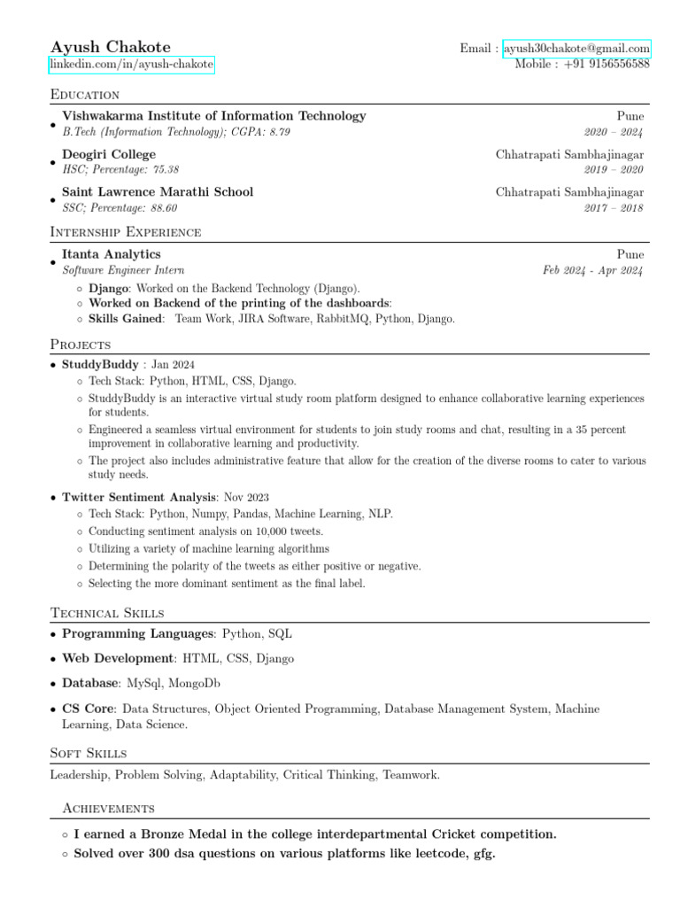 Ayush Chakote Final CV | PDF | Computing | Information Technology