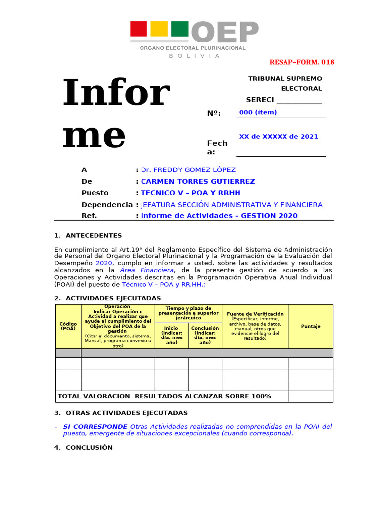 01 FORM 018 Mod - Informe Actividades - Actualiz | PDF