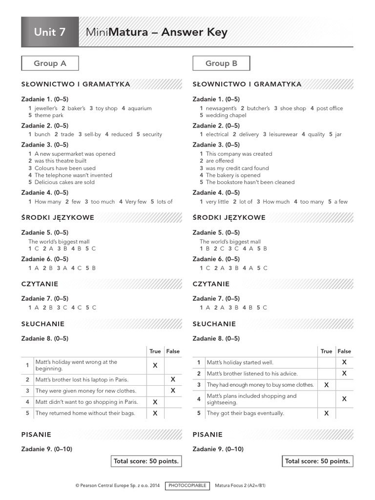 Matura Focus 2 Unit 7 Answer Key | PDF