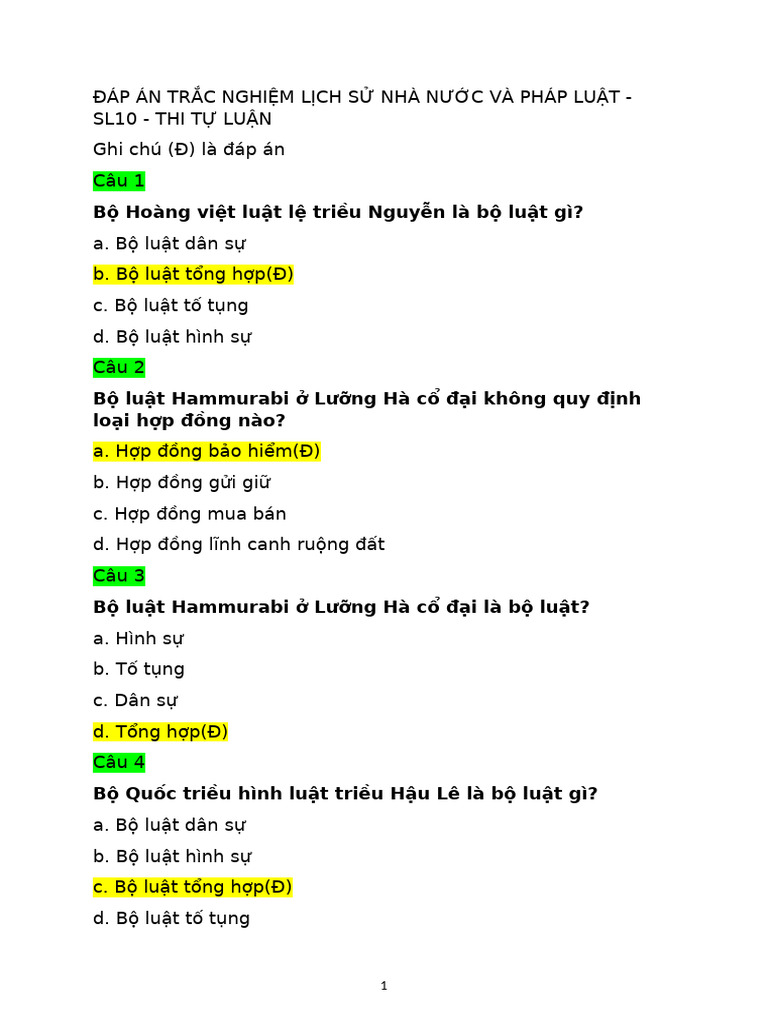 (123doc) - Dap-An-Trac-Nghiem-Lich-Su-Nha-Nuoc-Va-Phap-Luat-Sl10-Thi-Tu-Luan | PDF