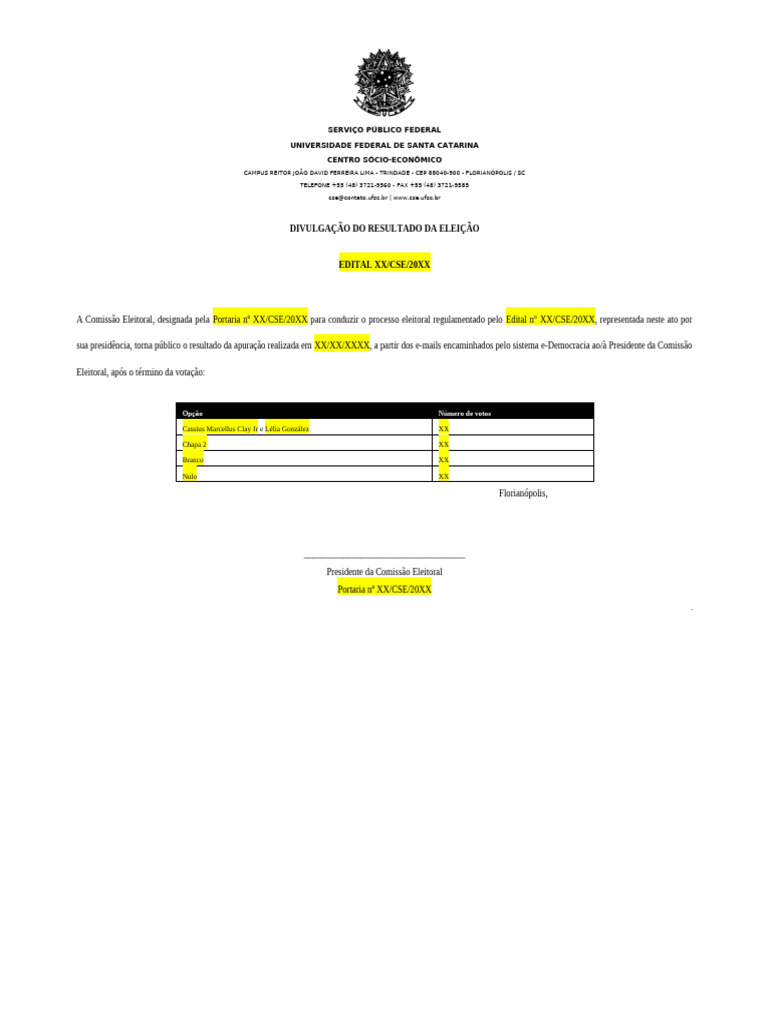 Resultado da Eleição CSE UFSC 20XX | PDF | Corrupção política | Tomada ...