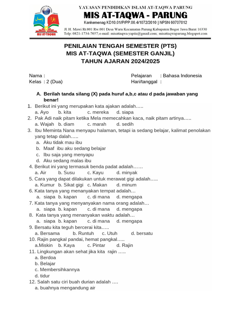 Soal PTS B.indonesia Kelas 2 | PDF