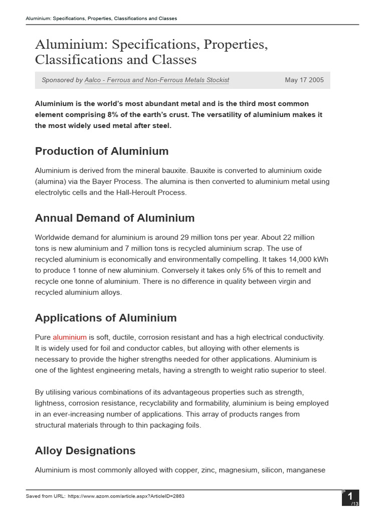 Aluminium Specifications Properties Classifications and Classes | PDF ...