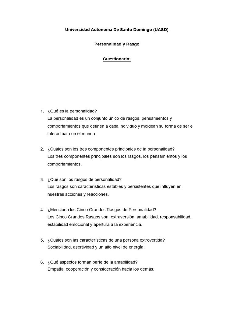 cuestionario Personalidad y Rasgo-1 | PDF