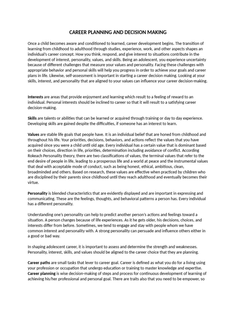 Career Planning and Decision Making | PDF | Self Esteem | Decision Making