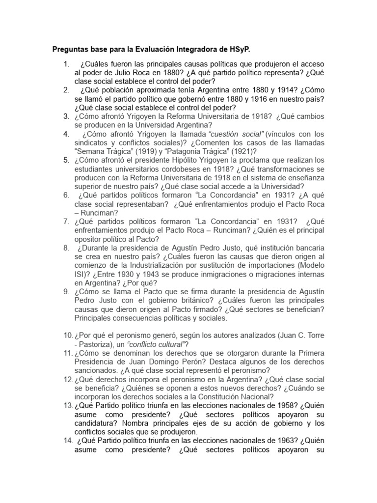 Guia de Preguntas Evaluaci-N Integradora HSyP | PDF | Argentina | América del Sur