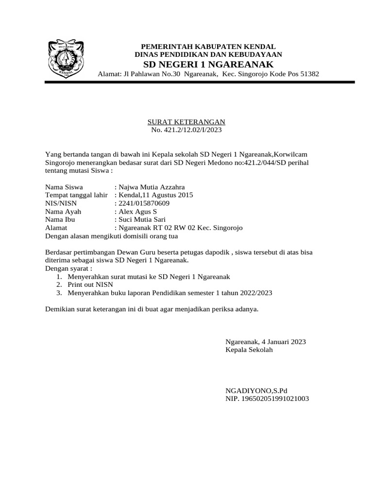 Surat Keterangan Mutasi Siswa | PDF