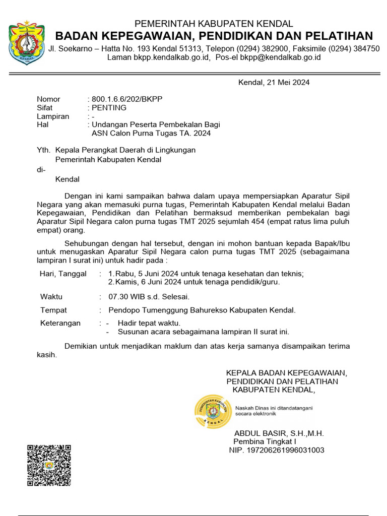 Undangan Peserta Pembekalan ASN Calon Purna Tugas Tahun 2024 | PDF