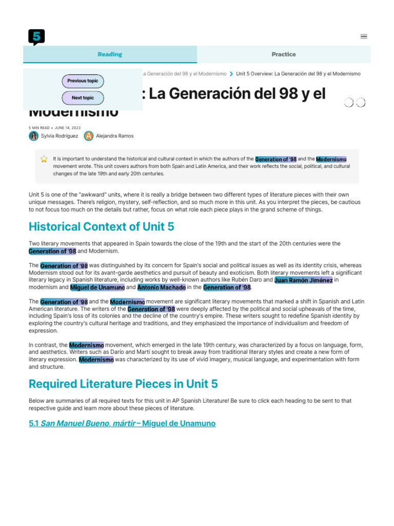 AP Spanish Literature 2024 - Unit 5 Review - La Generación Del 98 y El ...