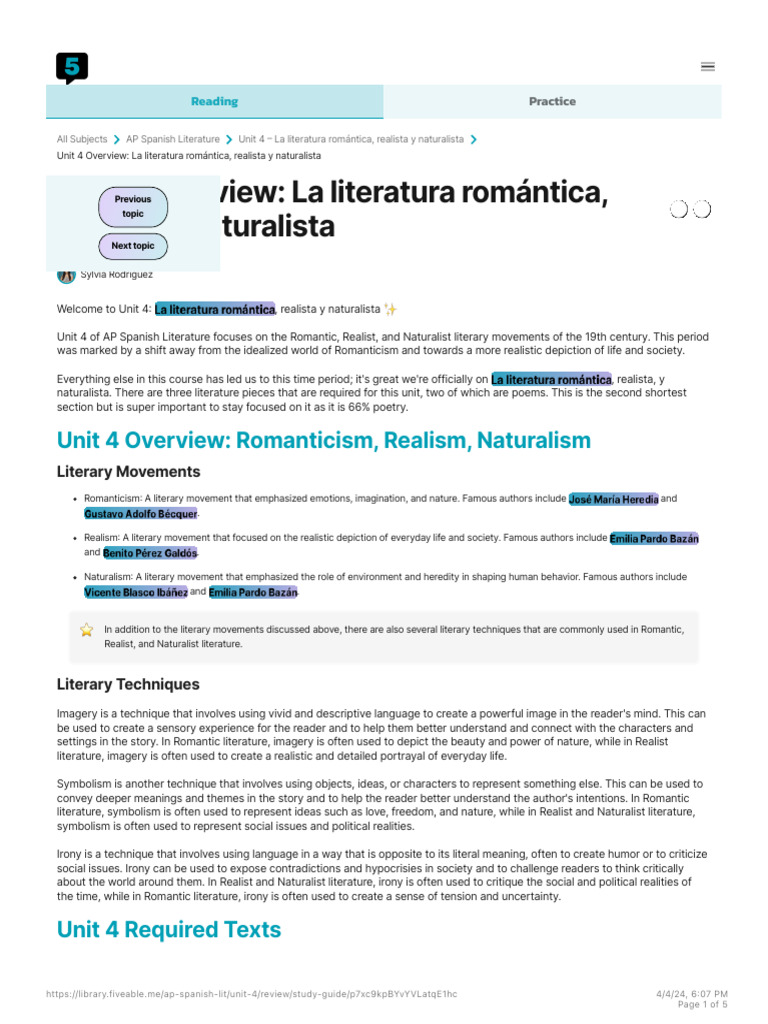 AP Spanish Literature 2024 - Unit 4 Review - La Literatura Romántica ...