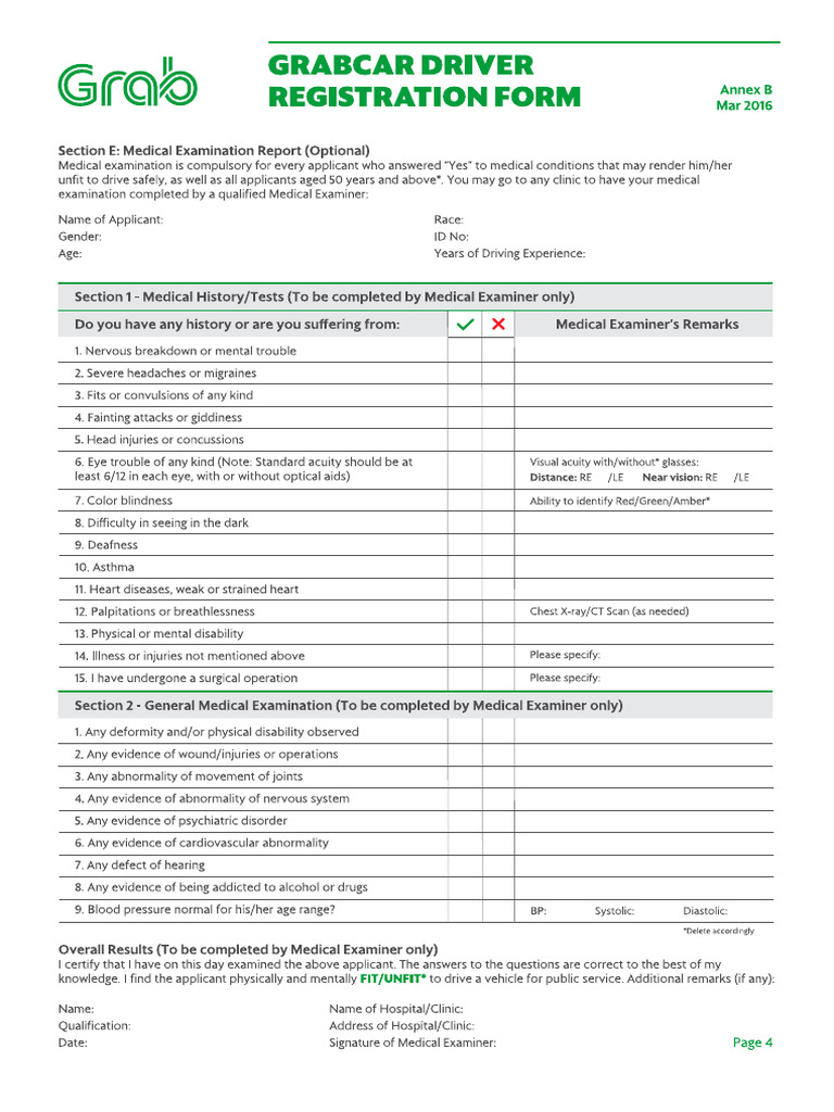 Grab Medical Form Driver Registration PDF | PDF