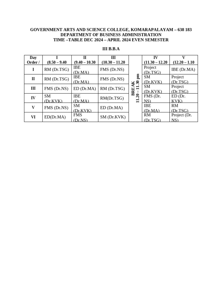 III BBA - Time Table - 2024-25 (Even Semester) | PDF
