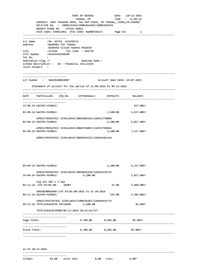 Bank of Baroda Account Statement | PDF | Cheque | Service Industries