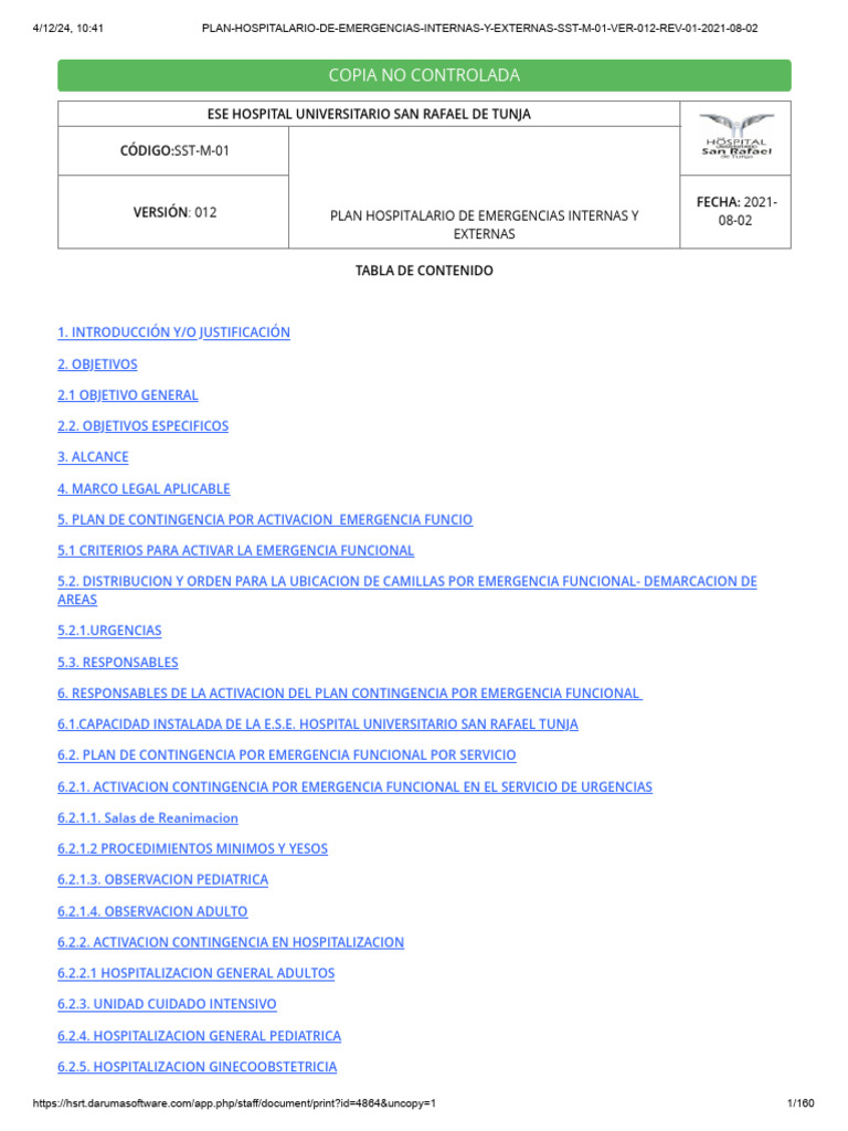 Sst m 01 Plan Hospitalario de Emergencias Internas y Externas Ver 012 | PDF | Hospital ...