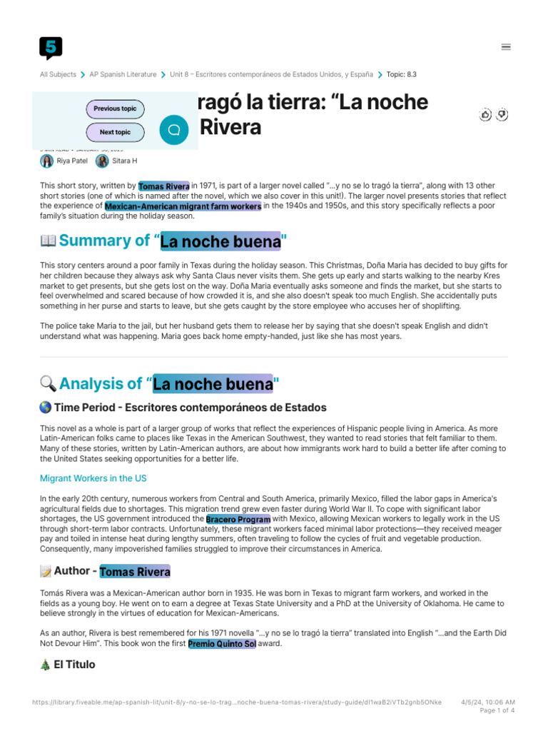 AP Spanish Literature 2024 – 8.3 ...y no se lo tragó la tierra- “La ...