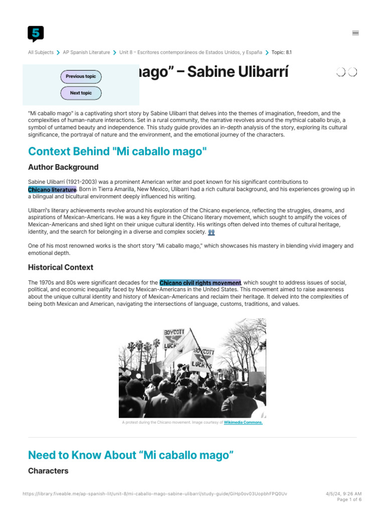 AP Spanish Literature 2024 - 8.1 "Mi Caballo Mago" - Sabine Ulibarrí ...